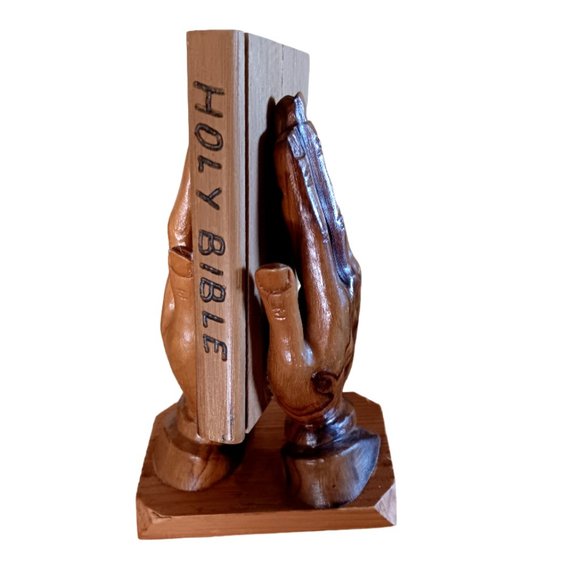 Accents | Carved Wood Praying Hands Holding Holy Bible Sculpture 7 12 X ...